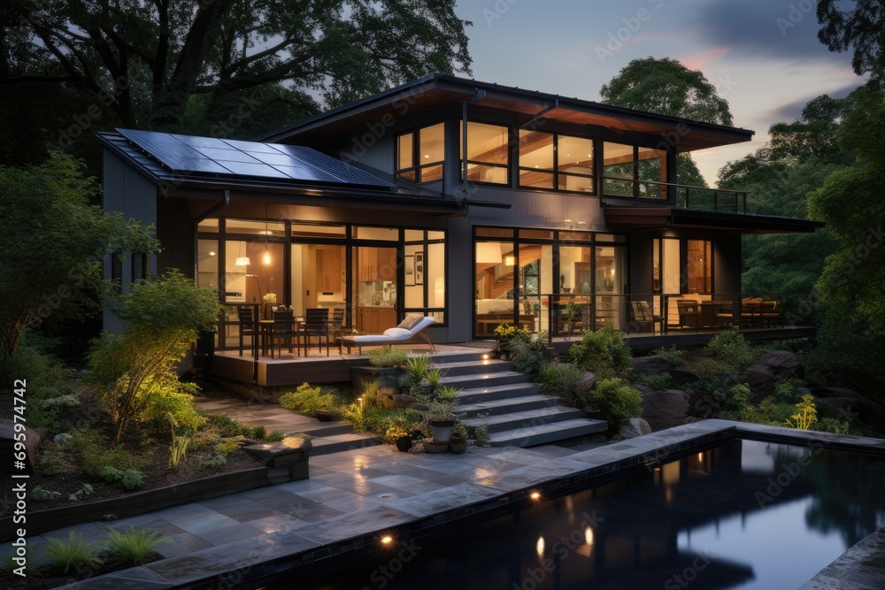 Modern two-storey house with panoramic windows and a swimming pool ...
