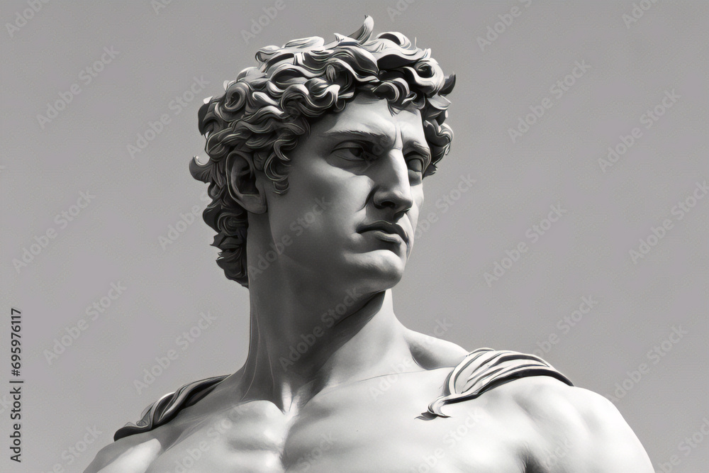 Portrait of a plaster statue of Apollo isolated on black. Gypsum statue ...