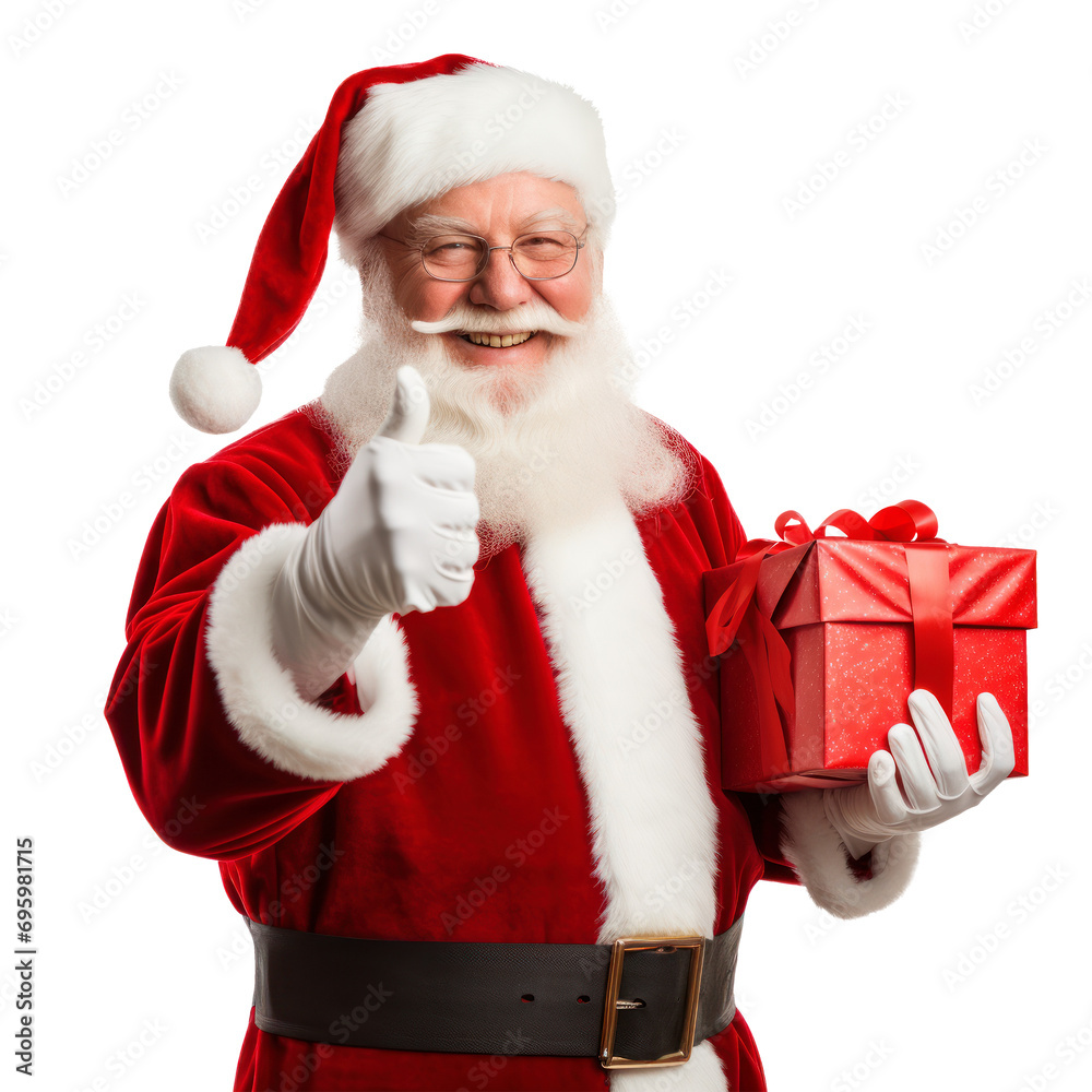 père Noël qui tient un cadeau dans une main et fait un signe de pouce ...