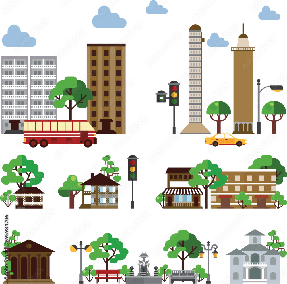 Cityscape illustration shows a cityscape in a style. The buildings are ...