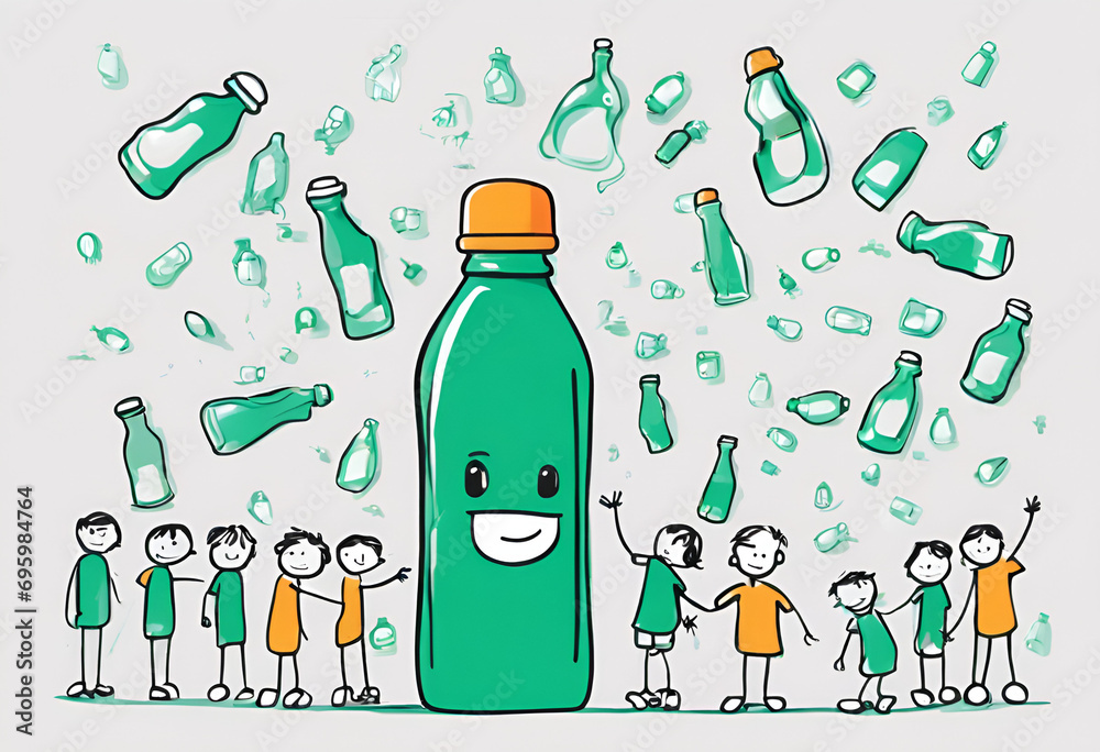 Graphic representation of plastic bottles recycling, drawing with ...