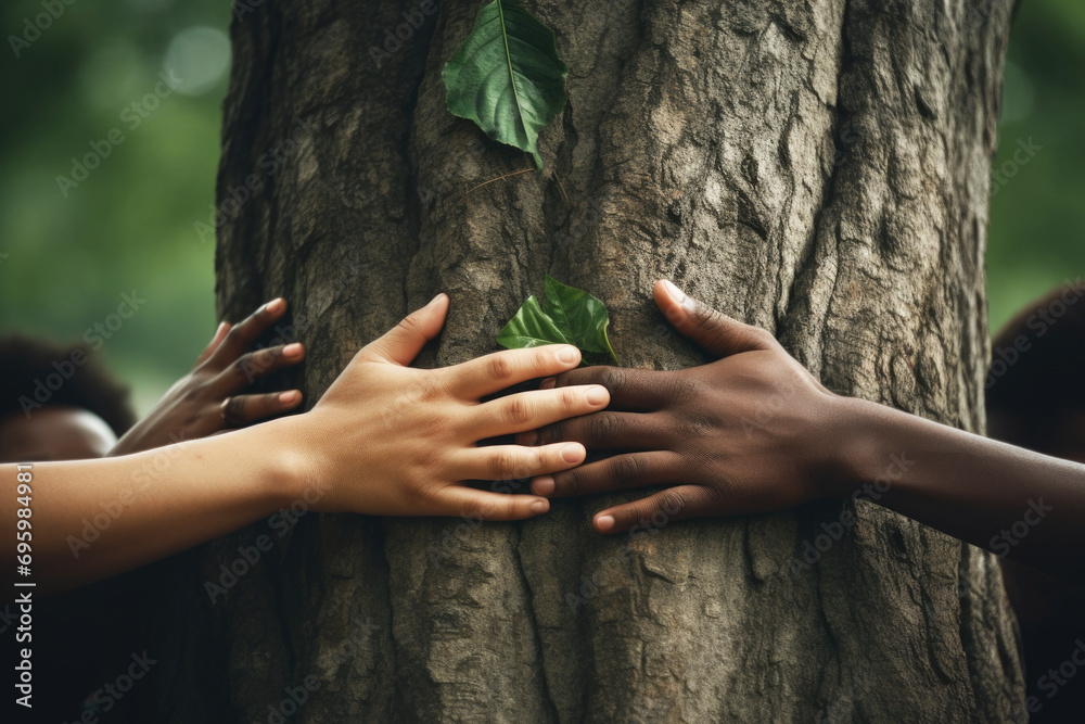 Eco activists hugging an old oak tree. Save forests trees, stop ...