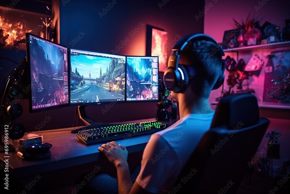 Immersive Gaming Oasis Handsome Gamer Guy Engages In Intense Pc Gaming With Multiple Monitors