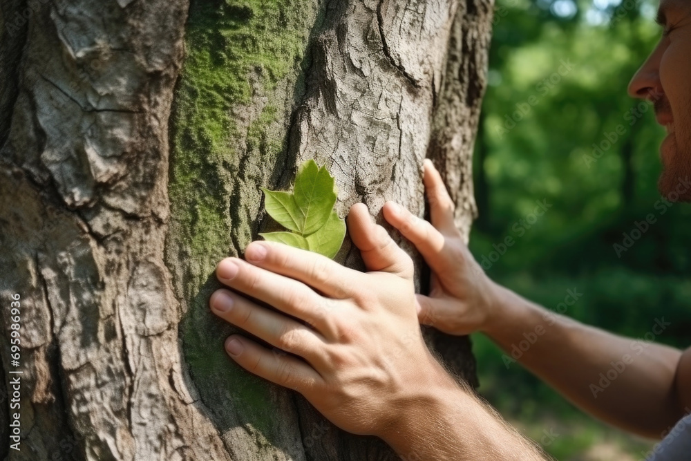 Eco activists hugging an old oak tree. Save forests trees, stop ...