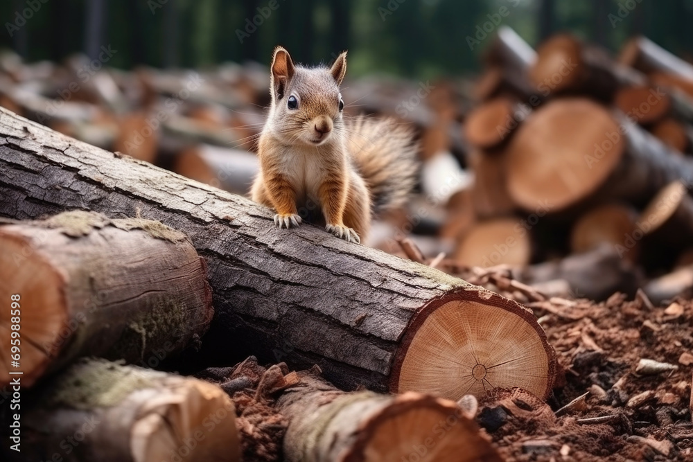 Cute little squirrel looking down at her ruined forest home that people ...
