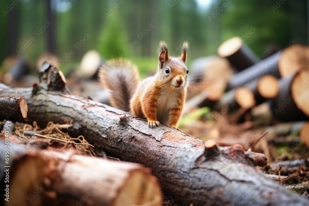 Cute little squirrel looking down at her ruined forest home that people ...