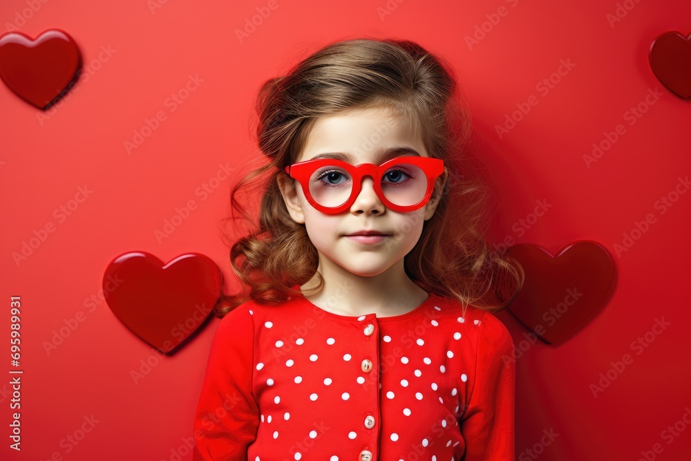 Little girl in red glasses on a red background. Valentine's Day ...