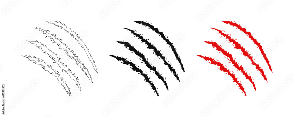 Animal claw scratches and marks. Set. Black and red bloody silhouettes ...