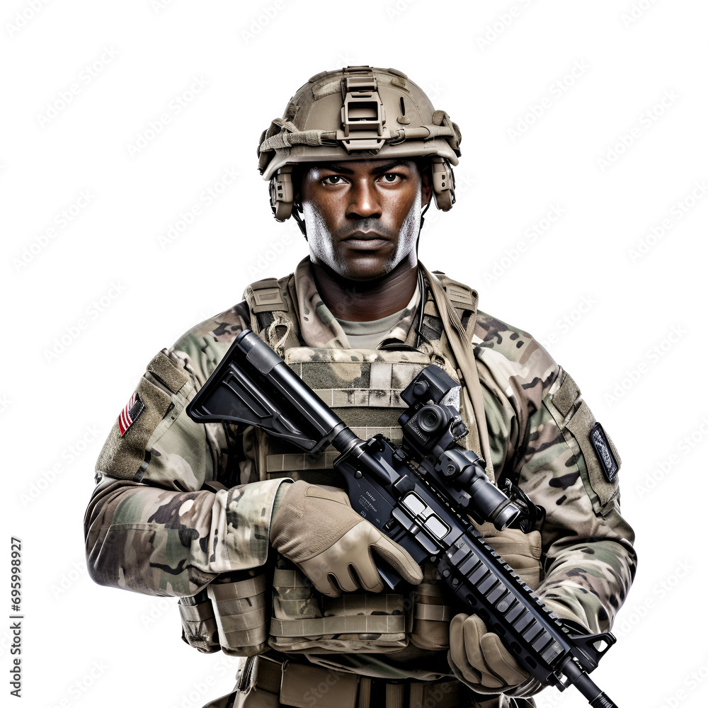 In military uniform with gun, soldier, man of USA army, Isolated on ...