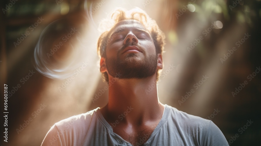 Man Engaged in Reiki Energy Healing Practice. A man in moment of ...