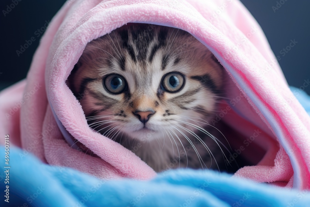 Cute bengal kitten wrapped in a pink towel with blue eyes, Cute wet ...
