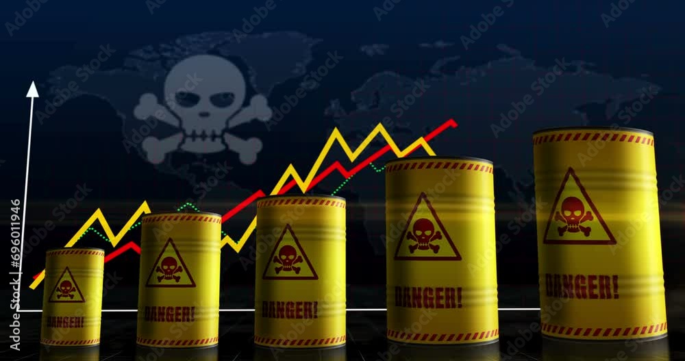 Danger warning with skull symbol barrels on growing chart. Dangerous ...