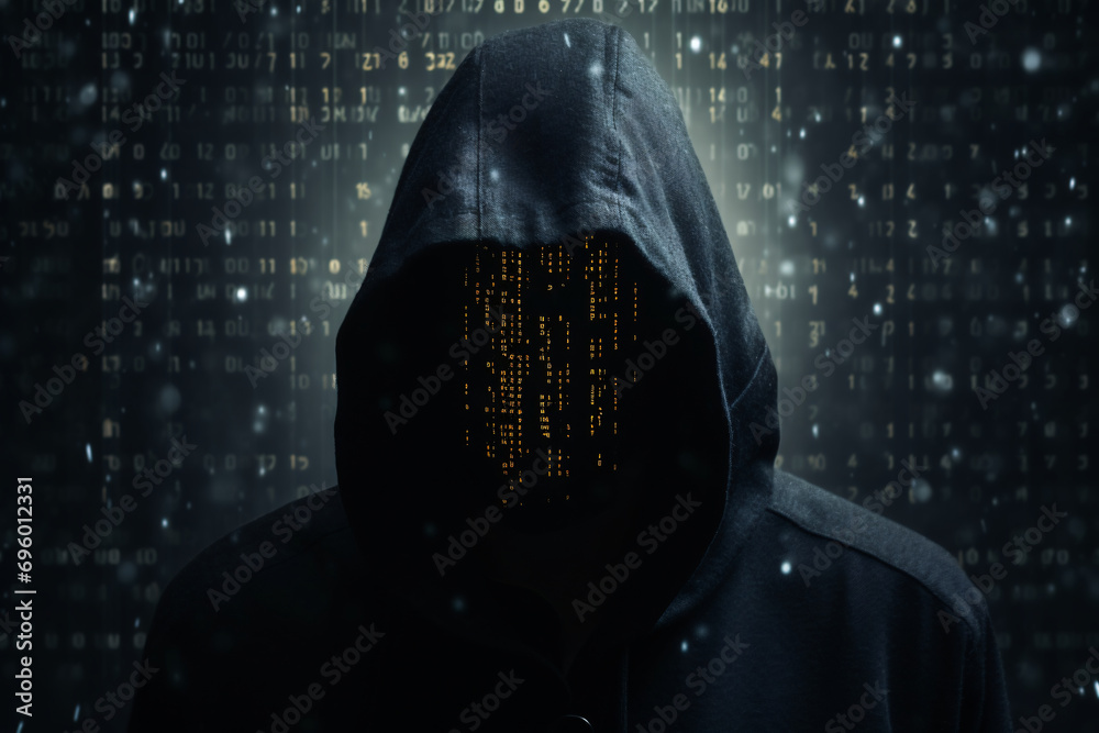 Cyber security, depiction of a hacker, an anonymous dark figure wearing a black hood in front of ...