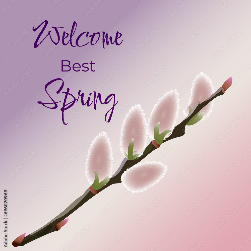 Spring 2024. Floral greeting card "Happy arrival of spring" sredalistic ...
