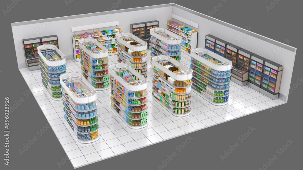Sales area of the store with rows of shelving and display of goods. 3d ...