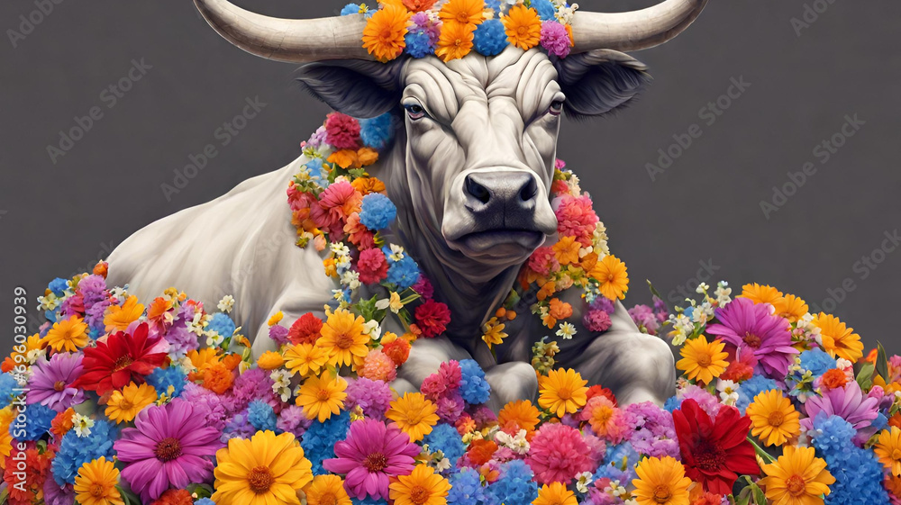 Decorating cows and bulls with flowers and colors, A cow with flowers ...