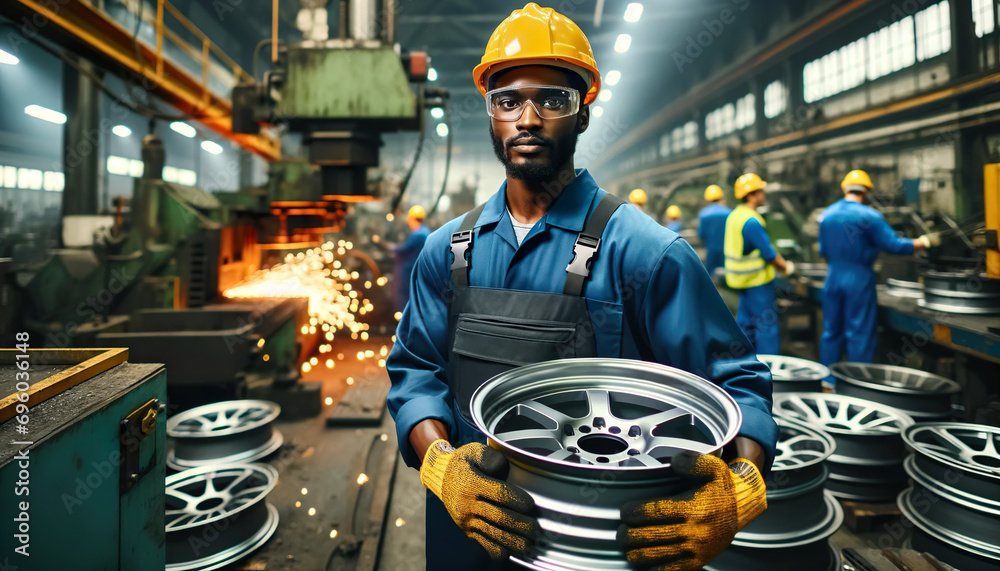 African American steel factory worker holding a Aluminum Car Rim in a ...