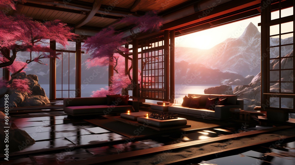 An interior design image of a traditional Japanese room with tatami ...