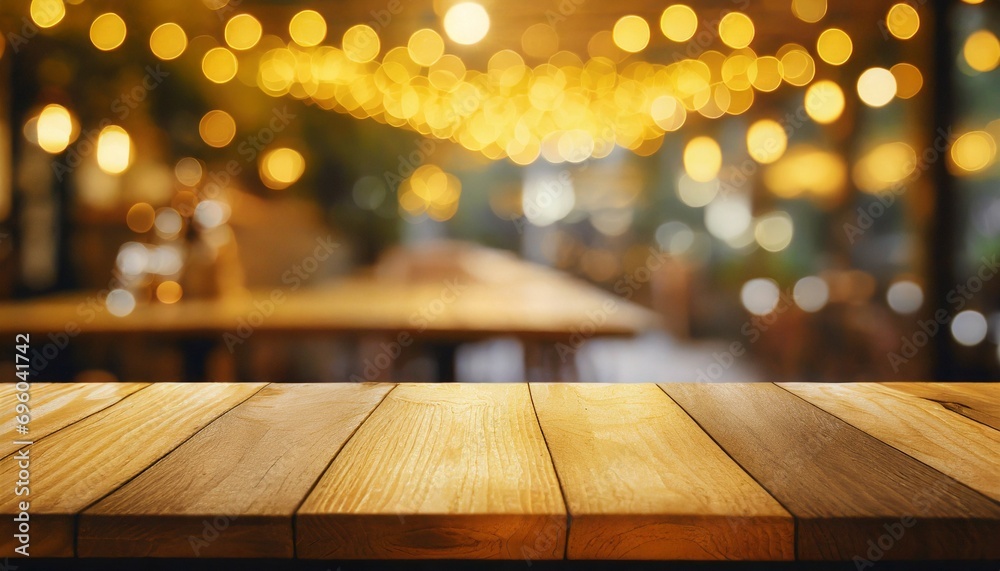 wood texture table top counter bar with blur light gold bokeh in cafe ...