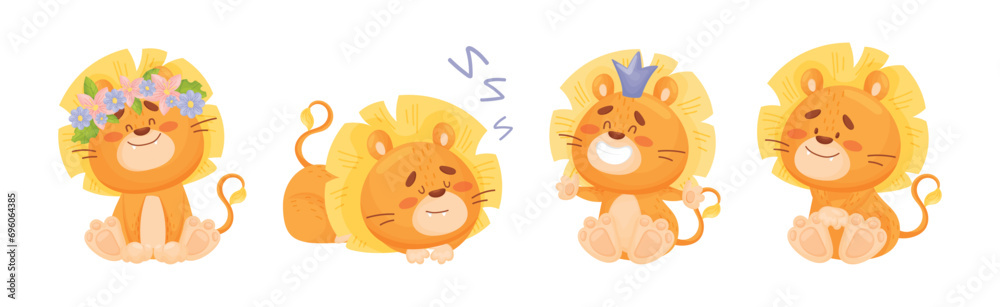 Lion Cub Character with Mane Engaged in Different Activity Vector Set ...