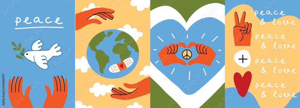 Hippie peaceful posters. Dove, planet earth, pacifism, goodness, peace ...