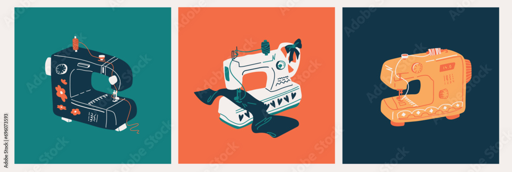 Vector set of three sewing machines. Cartoon elements for the design of ...