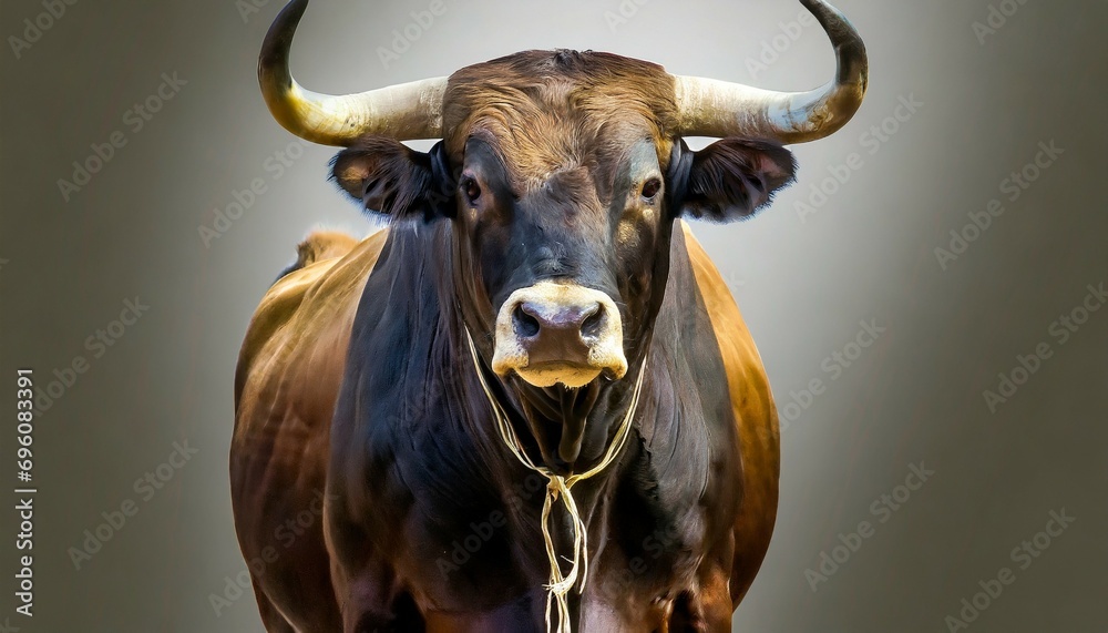strongest dark brown bull with muscles and long horns portrait looking ...