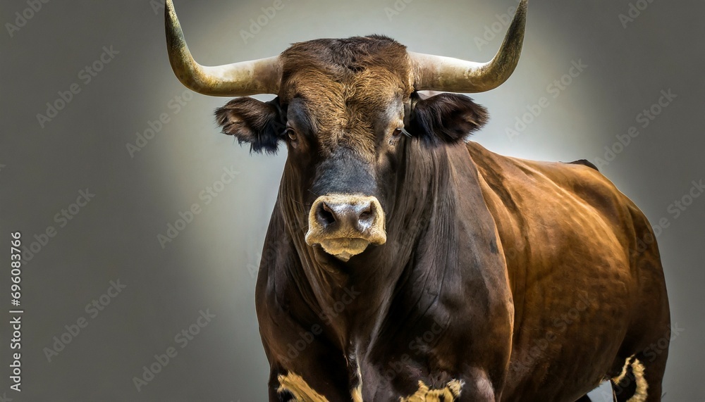 strongest dark brown bull with muscles and long horns portrait looking ...