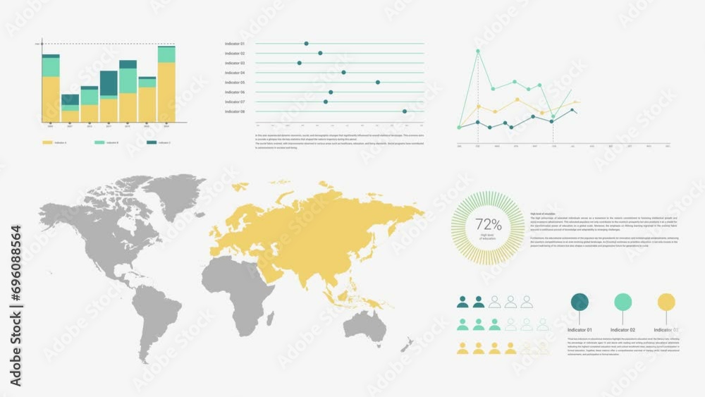 Animated futuristic pie graphs, charts, maps, user screen dashboard or ...