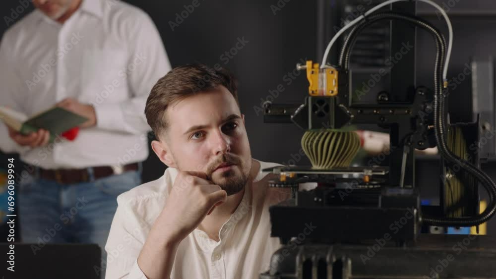 A concentrated young guy mechanical engineer with interest observes the ...