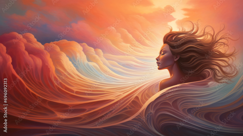 An artwork that combines elements of ocean waves and woman in a calming ...