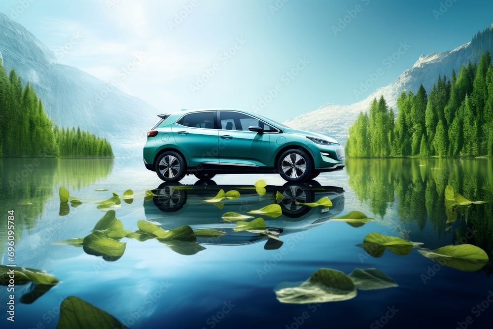 Electric car near lush wetland, symbolizing balance with nature and ...