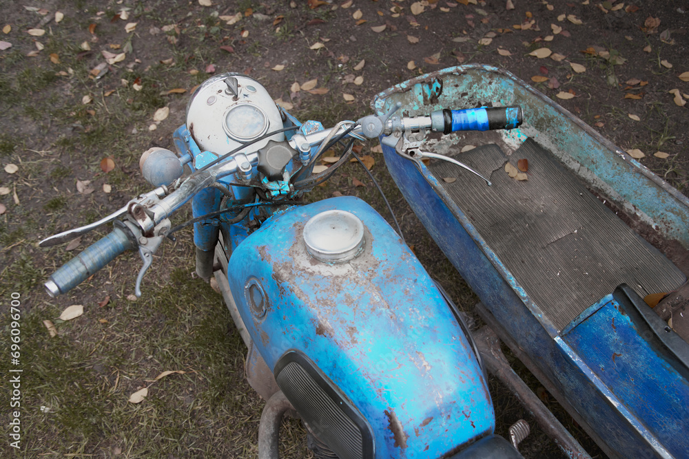 Old rusty motorcycle handlebar with sidecar. Vintage vehicle of the ...