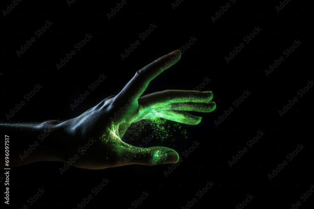 Green hologram of hand on black background. Verdant handprint ...