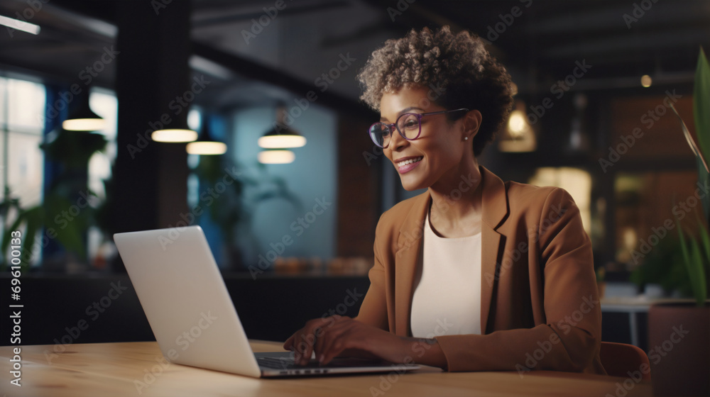 Confident professional female employee enjoys her creative workflow in ...