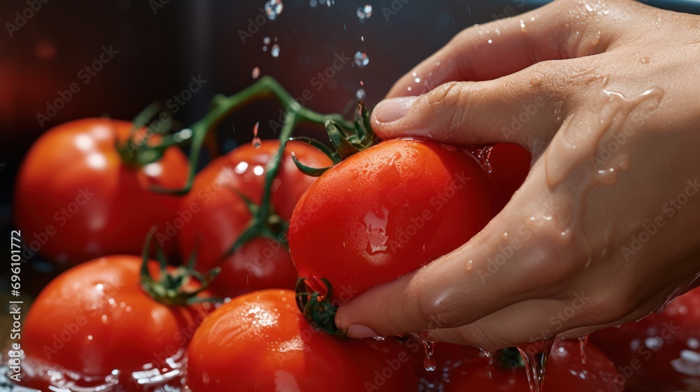 Precision in nourishment: hands meticulously washing fresh, red ...