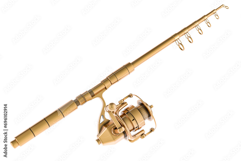 Golden Fishing rod with spinning, 3D rendering isolated on transparent ...