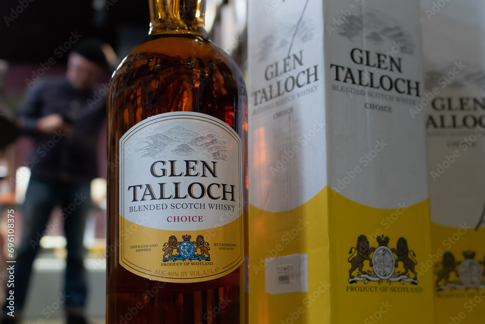 Very big bottle of blended scotch whisky Glen Talloch Choice close-up ...