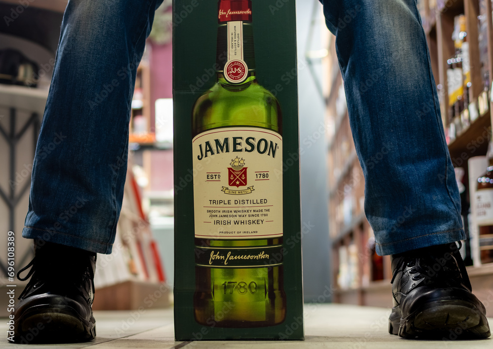 Box with very big bottle of Irish whiskey Jameson Triple Distilled ...
