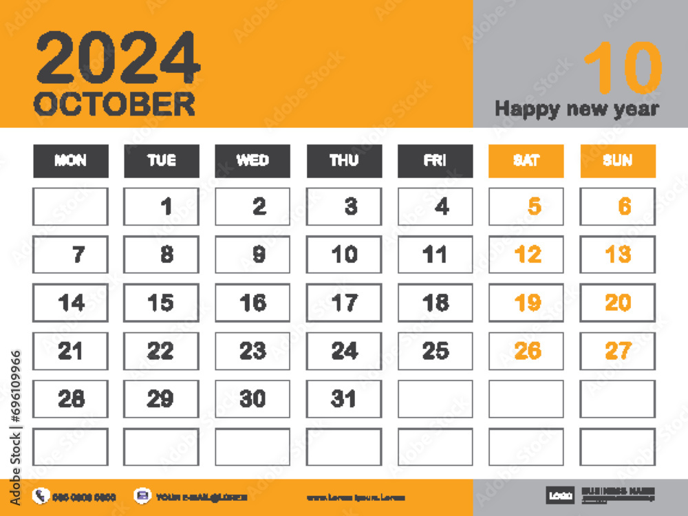 Vecteur Stock October 2024 year, Calendar 2024 template, week start on ...