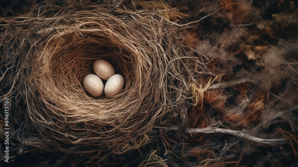 Bird eggs nestled in a natural nest with a dark, detailed background ...