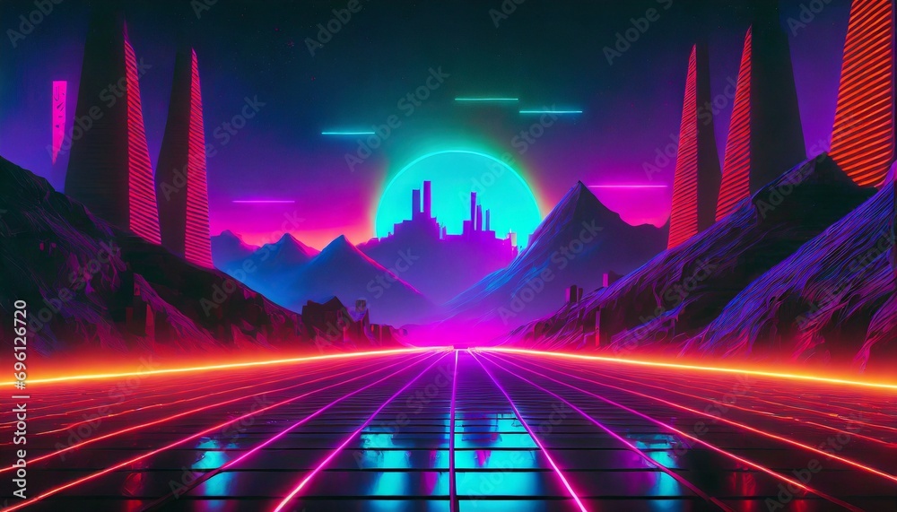 Synthwave retro cyberpunk style landscape background banner or ...
