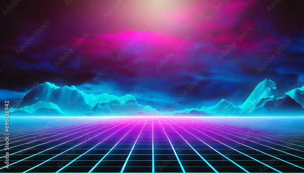 Synthwave retro cyberpunk style landscape background banner or ...