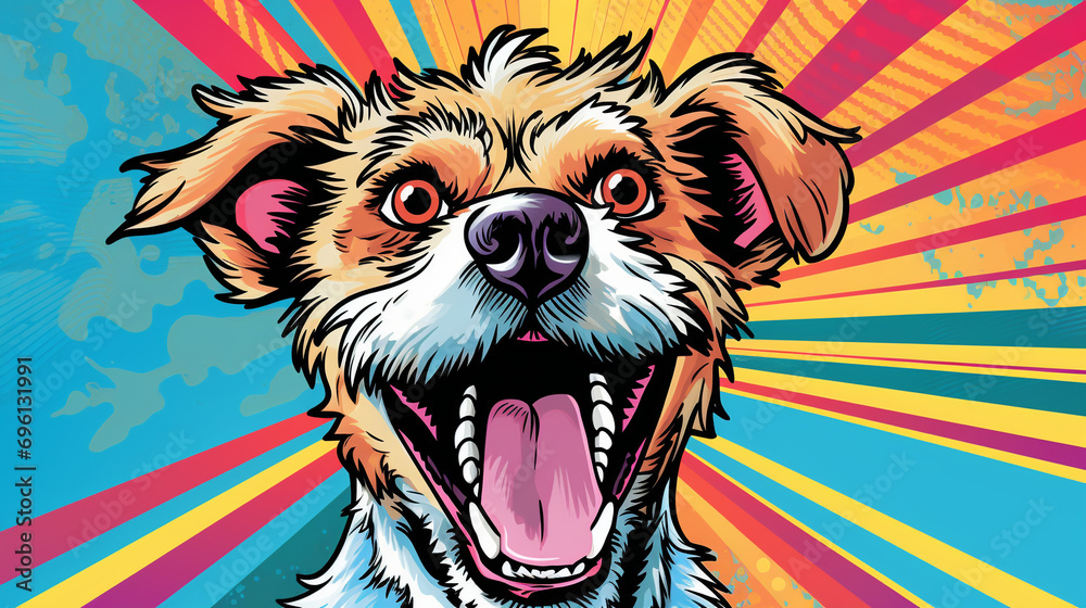 Dog in pop art style with vibrant background, in the style of god rays ...