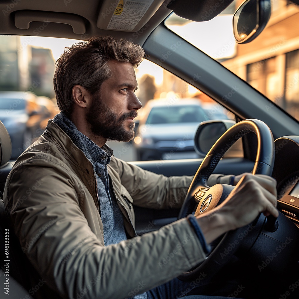 Attentive Man Expertly Navigating a Vehicle, Captured in a Moment of ...