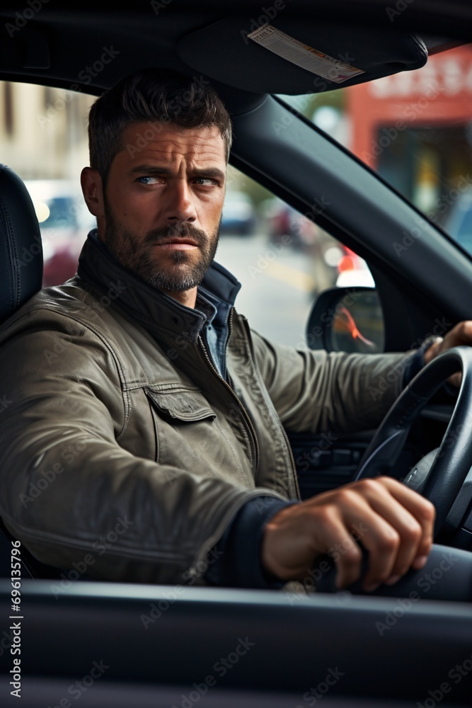 Attentive Man Expertly Navigating a Vehicle, Captured in a Moment of ...