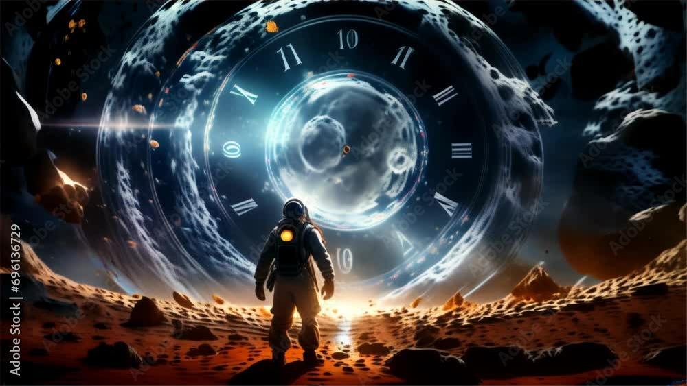 A lone figure stands on the desolate surface of a planet, gazing at the ...