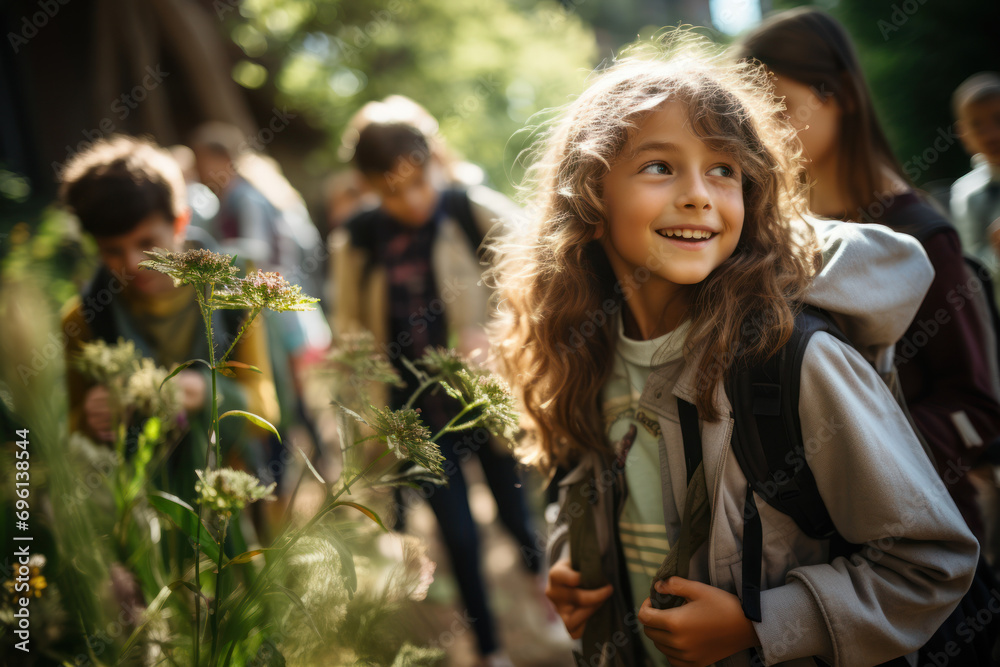 Elementary school students engaged in a nature walk, learning about ...