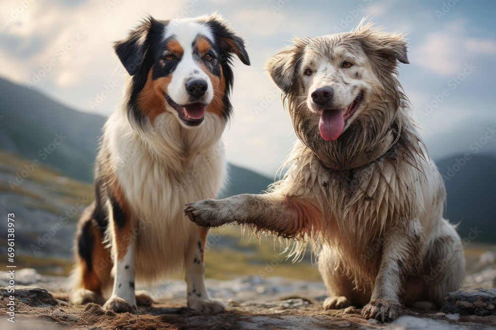 A pair of dogs sharing a friendly handshake, highlighting the humorous ...