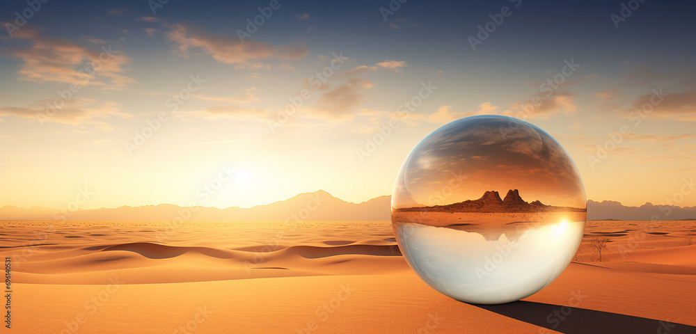 A vast, arid desert with rolling sand dunes, a cloudless sky, and the ...